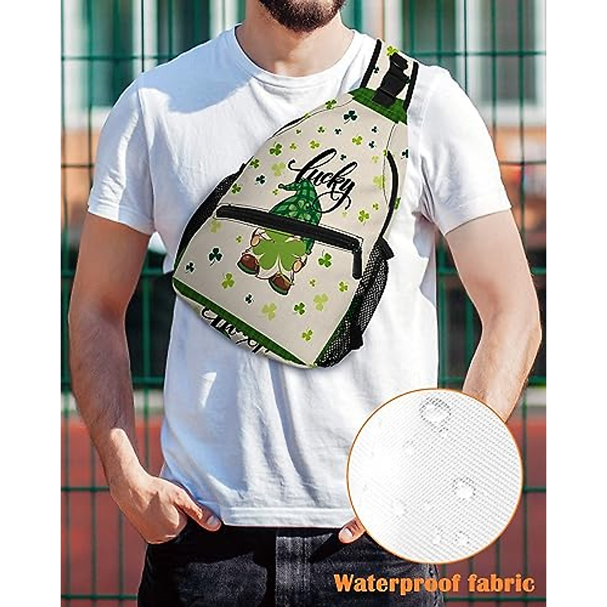 Sling Backpack, St. Patrick's Day Gnome Shamrock Green Plaid Waterproof Lightweight Small Sling Bag, Travel Chest Bag Crossbody Shoulder Bag Hiking Daypack for Women Men