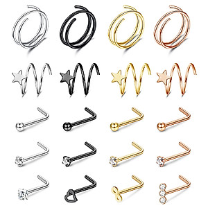 ZELORES 20Pcs 20G Double Hoop Nose Ring L Shaped Nose Studs 316L Stainless Steel Piercing Jewelry Small Nose Studs Spiral Nose Rings for Women Men Silver Rose Gold Balck (Set1)