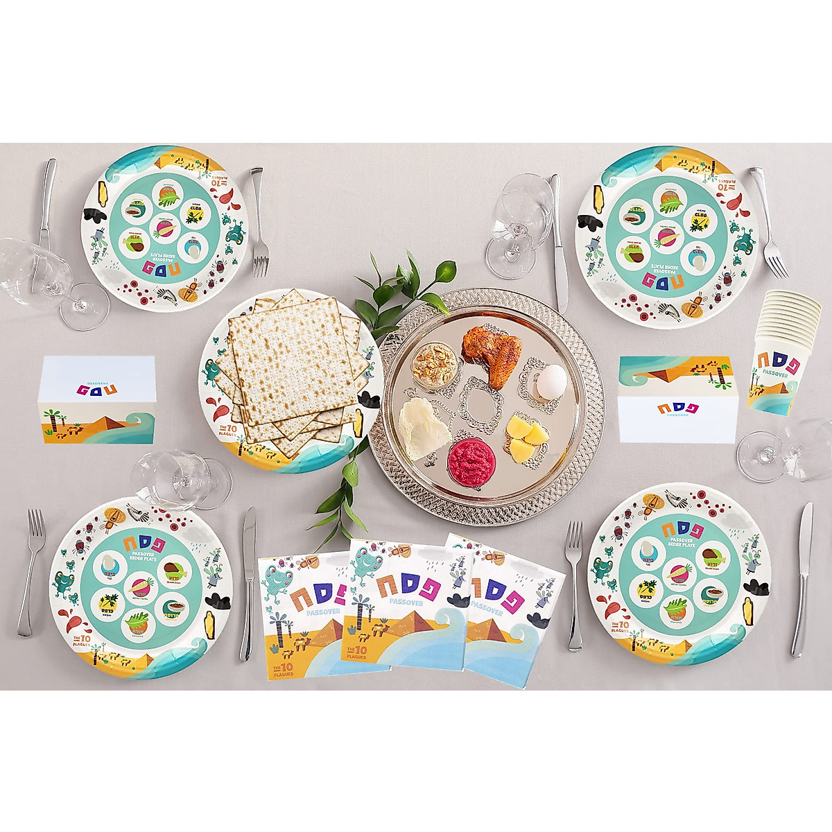 Passover Disposable Seder Plate Set - Ten Plagues Design - 9" and 7" Plates, Cups, Napkins, and Place Cards, 120 Piece Set, Serves 24 People