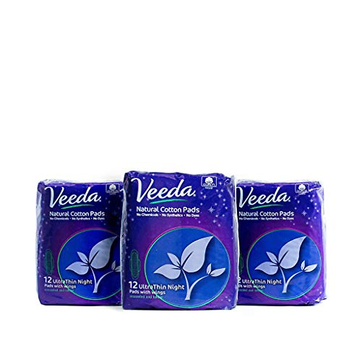 Veeda Ultra Thin Super Absorbent Night Pads Are Always Chlorine, Dye and Fragrance Free, Natural Cotton Sanitary Napkins,3 Packs of 12 Count Each