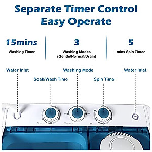 GRAVFORCE Portable Washing Machine, Mini Twin Tub Washer and Dryer Combo, 21lbs Capacity Washer(14.4Lbs) and Spinner(6.6Lbs), w/Built-in Gravity Drain for Camping, Apartments, Dorms, RV’s (Blue)