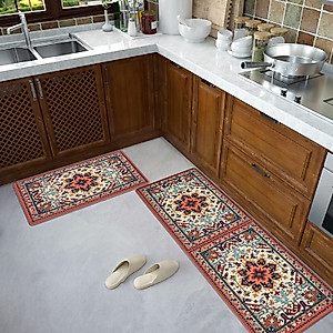 ASPMIZ Kitchen Mats Cushioned Anti Fatigue 2 Piece Set Boho, Washable Kitchen Rugs Non Slip Farmhouse, Bohemian Kitchen Floor Mats for in Front of Sink Waterproof, 17'' x 47'' + 17'' x 30'', Red