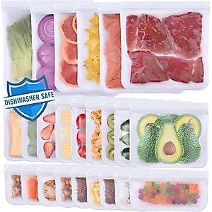 Lerine 24 Pack Dishwasher Safe Reusable Bags Silicone, Leakproof Reusable Freezer Bags, BPA Free Reusable Food Storage Bags for Lunch Meat Veggies (6 Gallon 9 Sandwich 9 Snack Bags) - White