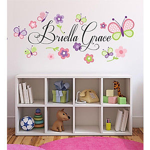 Flowers and Butterflies Personalized Custom Name Childrens Nursery Printed Vinyl Wall Decal Plus Free 12" White Hello Door Decal, Girl Name Wall Decal, Girls Name Decal, Wall Decor, Butterfly Decals