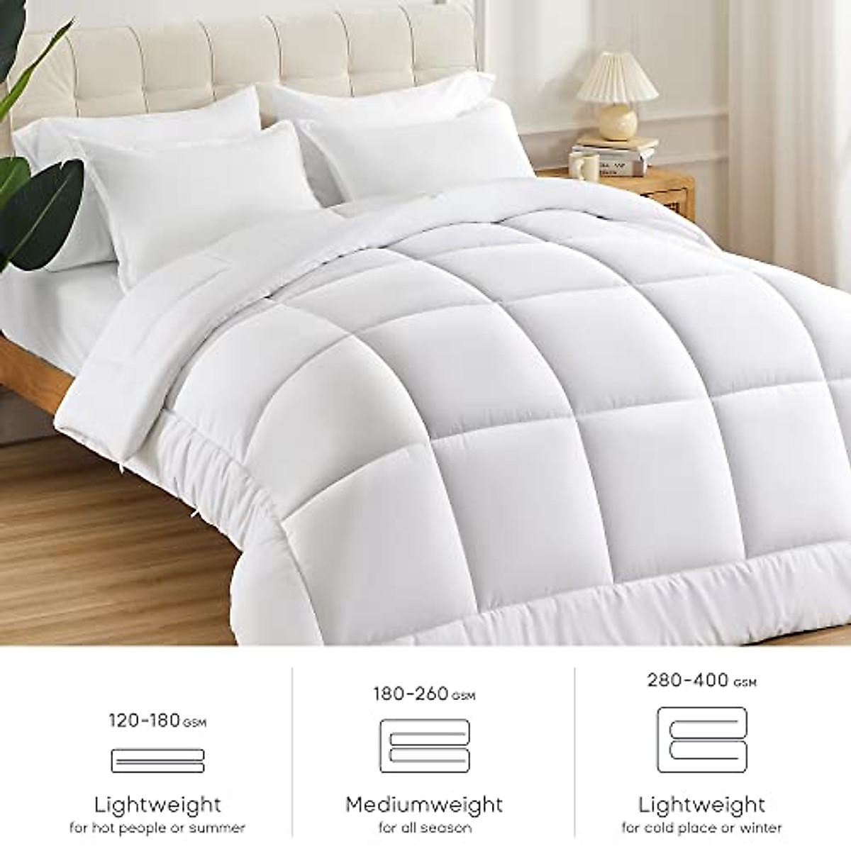 Sonive All Season Comforter Soft Fluffy Breathable Microfiber 200gsm Down Alternative Bedding Duvet Insert with 8 Corner Tabs Easy Care (White, Full/Queen)