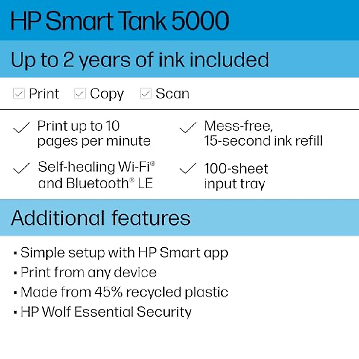 HP Smart-Tank 5000 Wireless All-in-One Ink-Tank Printer with up to 2 years of ink included, mobile print, scan, copy, white, 17.11 x 14.23 x 6.19