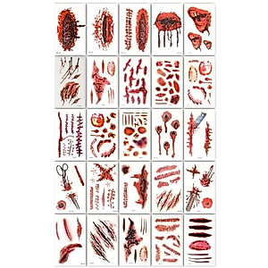 25 Sheets Halloween Zombie Temporary Tattoos, NEDEQI Plus-Size Scar Fake Blood Tattoos Waterproof Realistic Stitches Wound Temp Sticker for Zombie Makeup Chucky SFX Cosume Prank Cosplay Kids Men Women