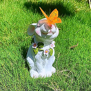 iRonrain Solar Garden Statues Rabbits with Butterfly Halloween Decoration Lights Sculpture, Solar Powered Outdoor Art Décor Bunny Figurine Ornament Resin Lights for Patio Lawn Front Yard (White)