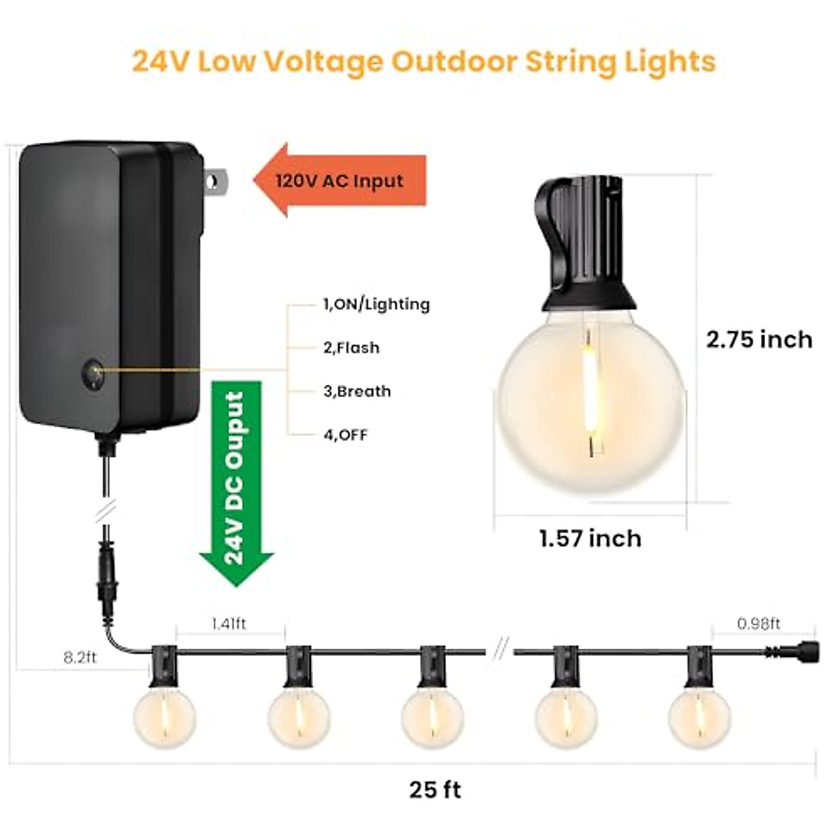 Yuusei Outdoor String Lights with Remote, 25Ft Dimmable LED Patio String Light with 12+1 Shatterproof G40 Bulbs, IP45 Waterproof Linkable Hanging Lights for Yard, Bistro, Porch,Cafe,2500K Warm White