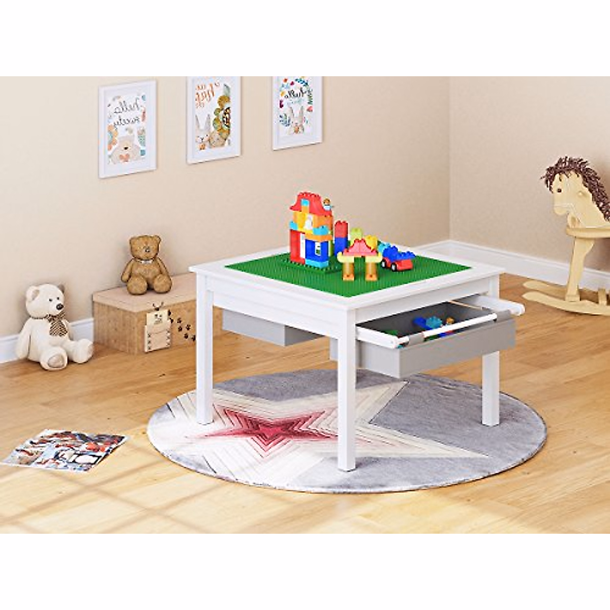UTEX 2 in 1 Kids Construction Play Table with Storage Drawers and Built in Plate (White)