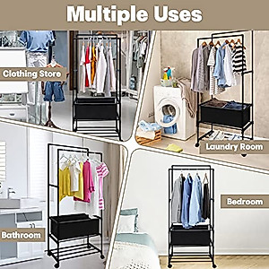 Double Rod Garment Rack, Rolling Clothes Rack, Industrial Pipe Hanging Clothes Rack with Wheels and Bottom Shelf, Freestanding Clothing Rack, Garment Rack Shoe Clothing Organizer Shelves (Black)