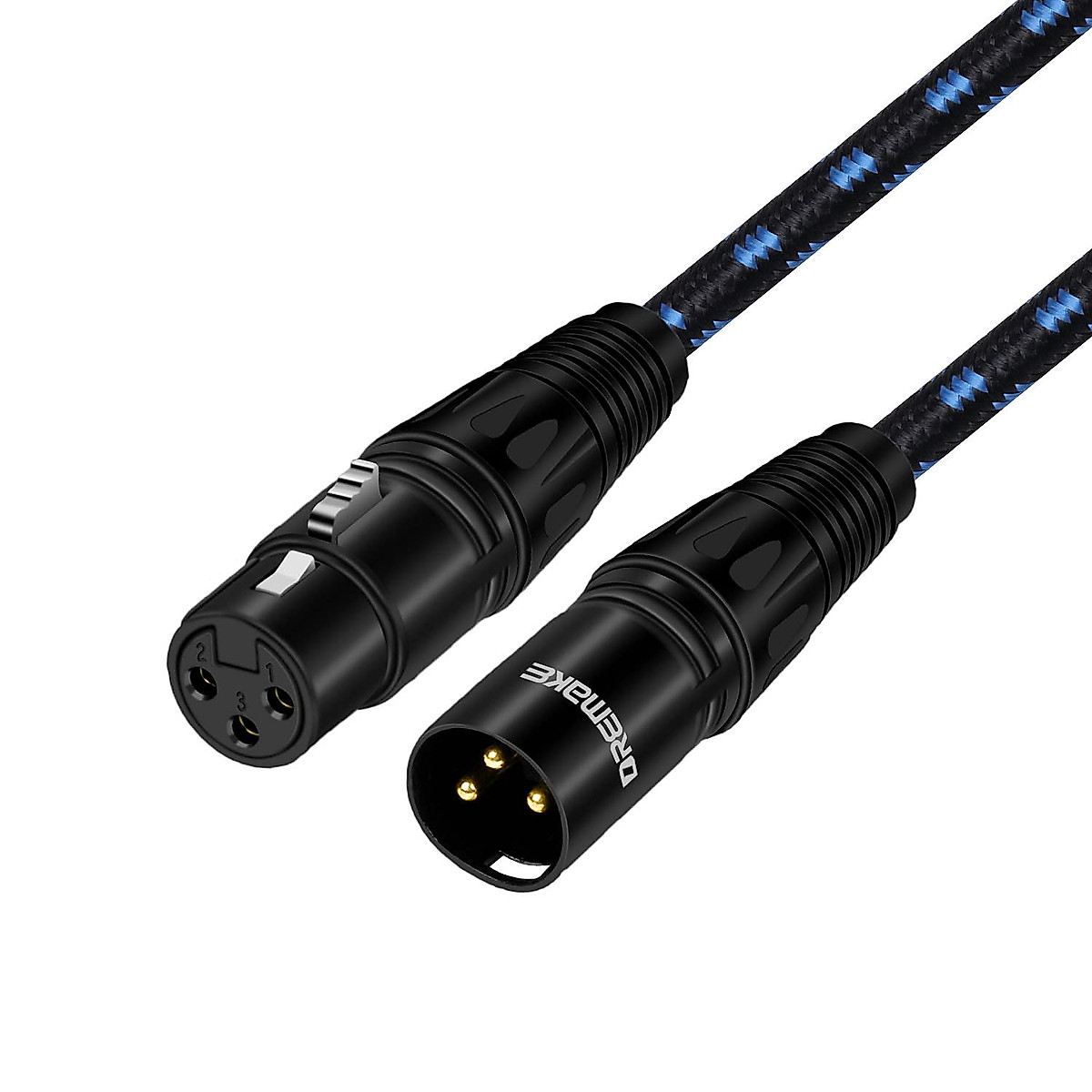 DREMAKE XLR Mic Cable, 33 Foot Balanced XLR 3Pin Male to Female Microphone Patch Cable for Live Sound & Stage, Studio Harmonizer, Mixing Board, Patch Bay, Preamp, Speaker System - Black/Blue Tweed