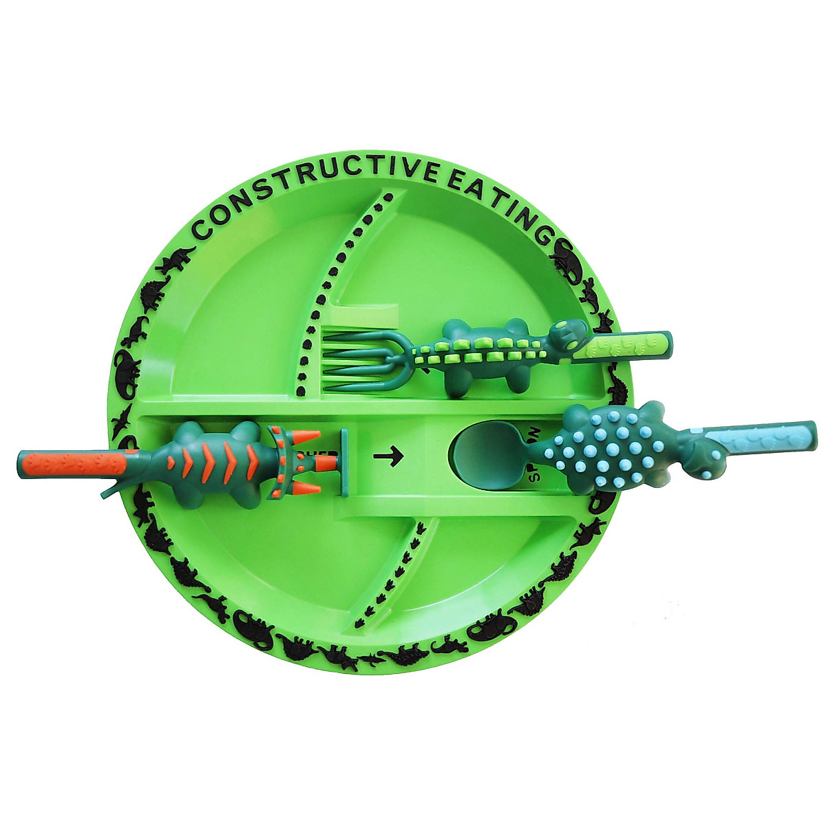 Constructive Eating Made in USA Construction and Dinosaur Combo with 2 Utensil Sets and 2 Plates for Toddlers, Infants, Babies and Kids - Made with Materials Tested for Safety