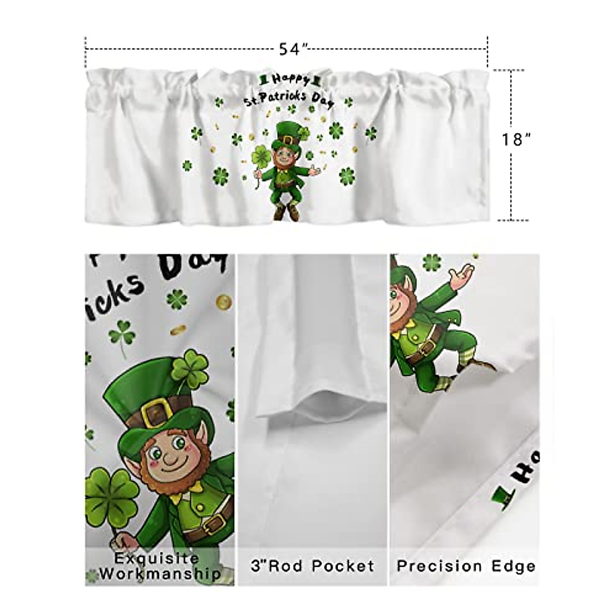 Kakmok Window Valance for Kitchen Cafe,St. Patrick's Day Leprechaun Shamrock Gold White Rod Pocket Drape Privacy Curtain,Lucky Leaf Short Curtains for Bathroom/Living Room/Bedroom Windows Decor