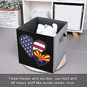 Interlocking Hearts American Arizona State Flag PU Leather Collapsible Storage Bins Canvas Cube Organizer Basket with Handles