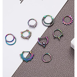 REVOLIA 9Pcs 16G Stainless Steel Septum Rings Clicker Ring Hoop Nose Ring Cartilage Helix Daith Tragus Earring Hinged Piercing C