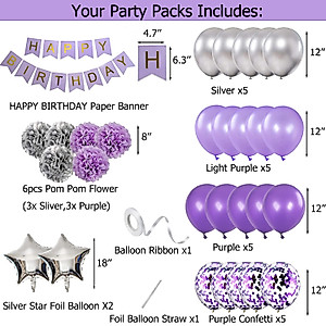 Rabbmall Birthday Decorations for Girls Purple and Silver Lavender Party Decor Kit for Her Women Including Happy Birthday Banner Pompom Flower Foil Balloons Confetti Latex Balloon Ribbons