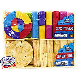 Matty's Toy Stop Deluxe EVA Soft Foam Colorful Building Blocks (52 PCS) & Wood Grain Soft Building Blocks (52 PCS) Gift Set Bundle with Carry Cases - 2 Pack (104 PCS Total)