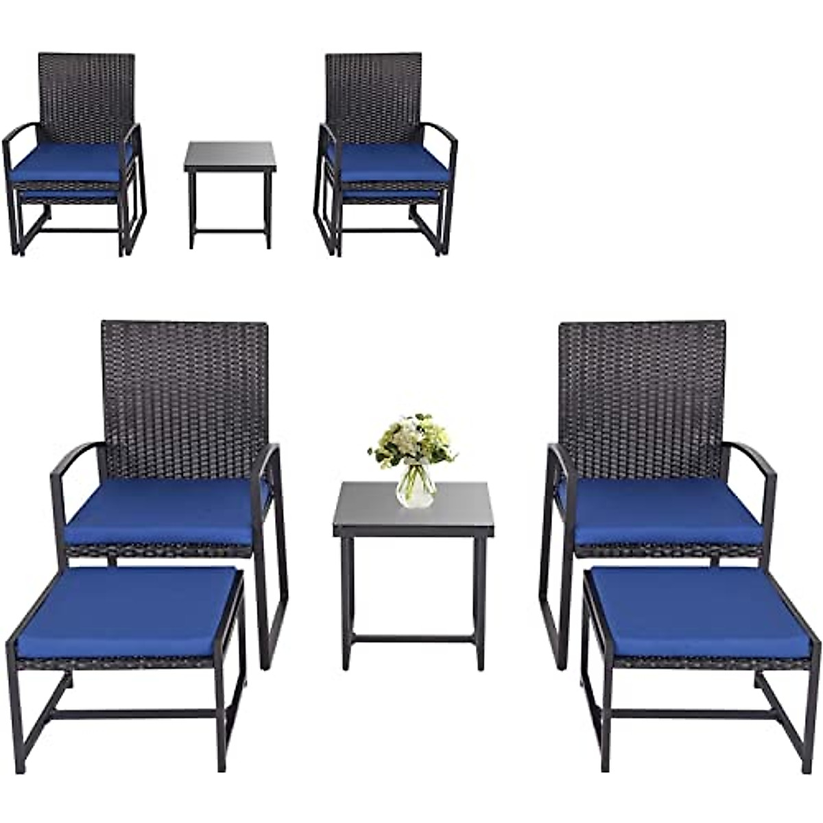 kinbor 5 Pieces Wicker Patio Furniture Set - PE Rattan Outdoor Patio Chairs with Ottomans Conversation Sets with Glass Coffee Table and Cushions for Poolside, Garden, Balcony, Porch (Dark Blue)