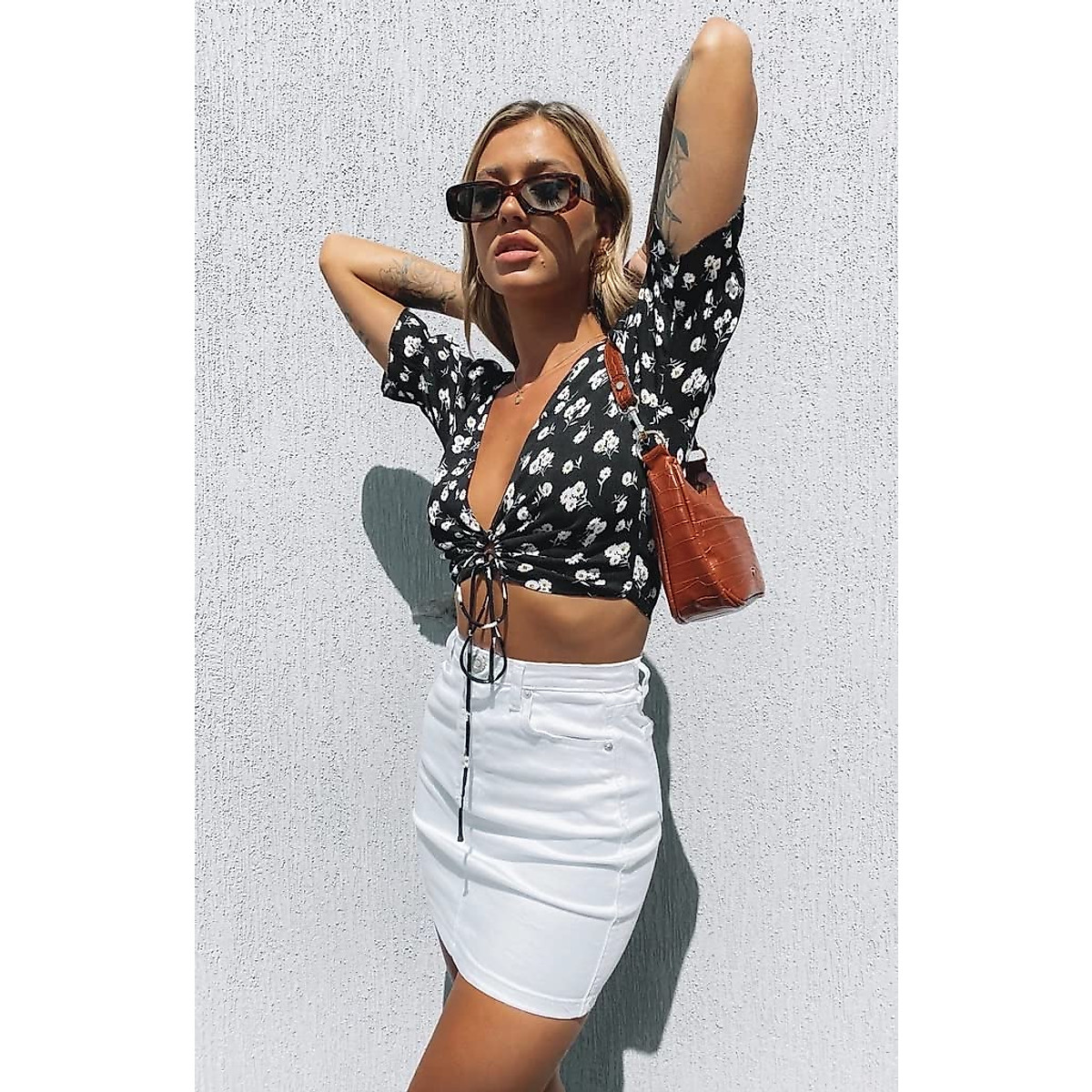 Just Quella Women's High Waisted Jean Skirt Fringed Slim Fit Denim Mini Skirt (S, White2 Washed)