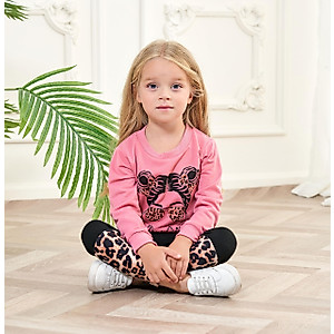 KIDLAGA Toddler Girl Clothes Figure Graphic Drop Shoulder Top Pullover Leopard Print Pants Fall Winter Outfit Set(5-6T)
