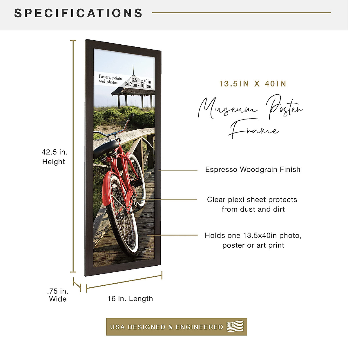 MCS Museum Poster Frame 13.5x40 Espresso Woodgrain, Vertical & Horizontal Wall Hanging Large Picture Frame for Photos, Posters & Art Prints (1-Pack)