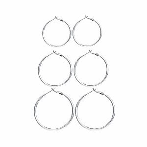 3 Pairs Sterling Silver Hoop Earrings - 14k White Gold Plated Hoop Earrings Big Hoop Earrings Set Silver Hoop Earrings for Women Valentine's Day Gift Jewelry(40MM 50MM 60MM)