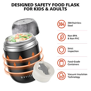 WayEee Food Containers for Hot Food Insulated Food Jar, Vacuum Bento Box Lunch Containers 16 oz for Kids Adults, Airtight Stainless Steel Soup Containers with Spoon, for School, Travel, Picnic - Black
