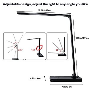 Kitys Fatch LED Touch Sensing Desk Lamp with USB Charging Port, 5 Lighting Modes, 5 Levels of Brightness, 30/60 Minutes Auto Timer, Foldable Desk Lamp for Bedroom, Study Room, (Black)