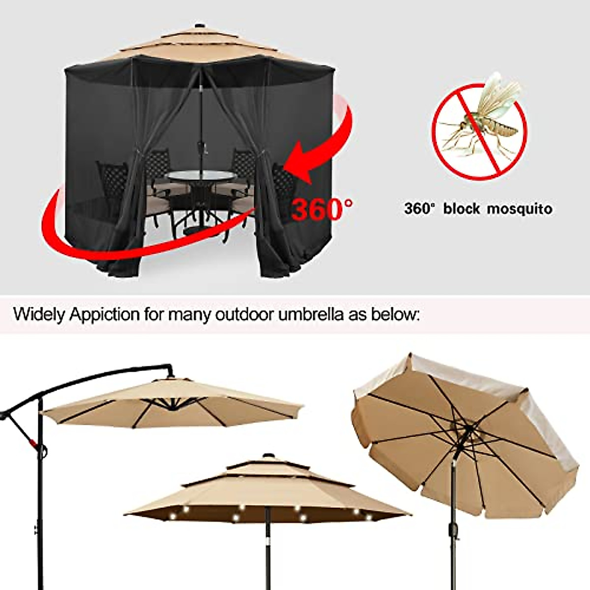 OUTDOOR WIND 9FT-11FT Patio Umbrella Netting with Zipper Door and Weight Bags,Black