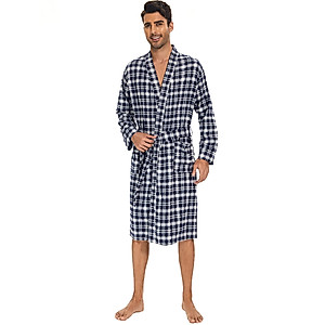 Zerbala Men's Flannel Robe Knee Length Plaid Bathrobe M Navy