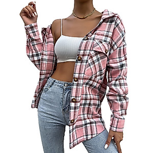 Floerns Women's Casual Long Sleeve Button Down Plaid Shirt Blouse Top Pink Multi XS
