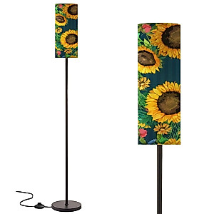 RZNTJHUINA Modern Standing Lamps Watercolor Sunflowers Big Small Green Leaves Minimalist Floor Lamp Rustic Country Metal Pole Lamp with Linen Lampshade for Bedroom Living Room Office Nursery Reading