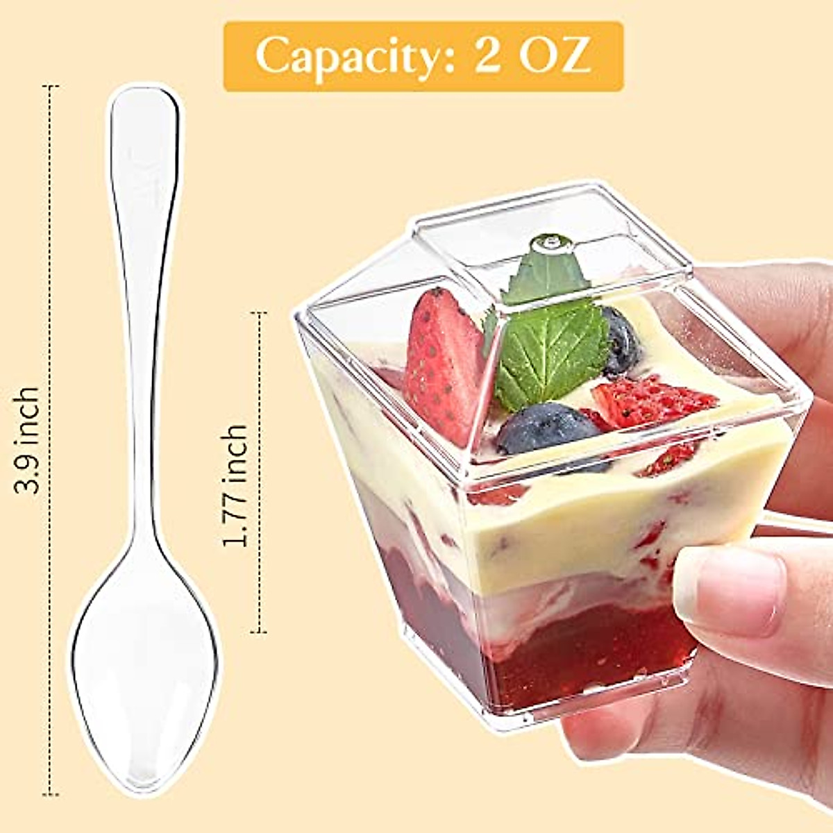 Qeirudu 100 Pack 2 oz Plastic Dessert Cups with Lids and Spoons - Mini Shooter Cups for Desserts Small Square Serving Cups for Party Individual Banana Pudding Appetizers Parfait