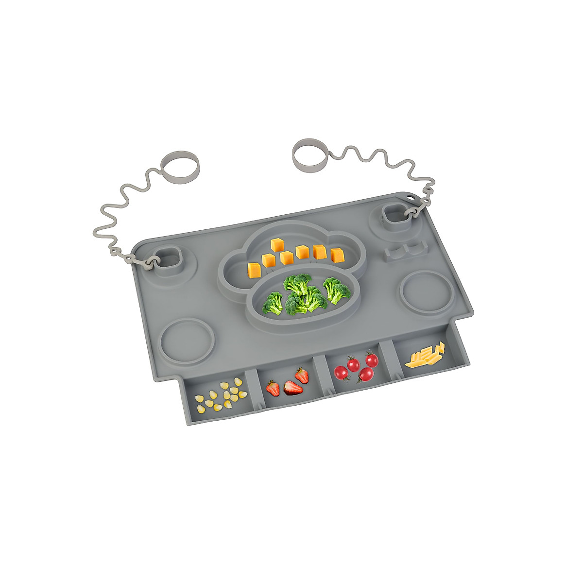 Silicone Placemats for Toddlers, Hitseon Reusable Food Grade Silicone Toddler Placemat with Suction Cups for Kids, Folding Baby Food Mat with 2 Straps for Home Travel, Dishwasher Safe (Gray)