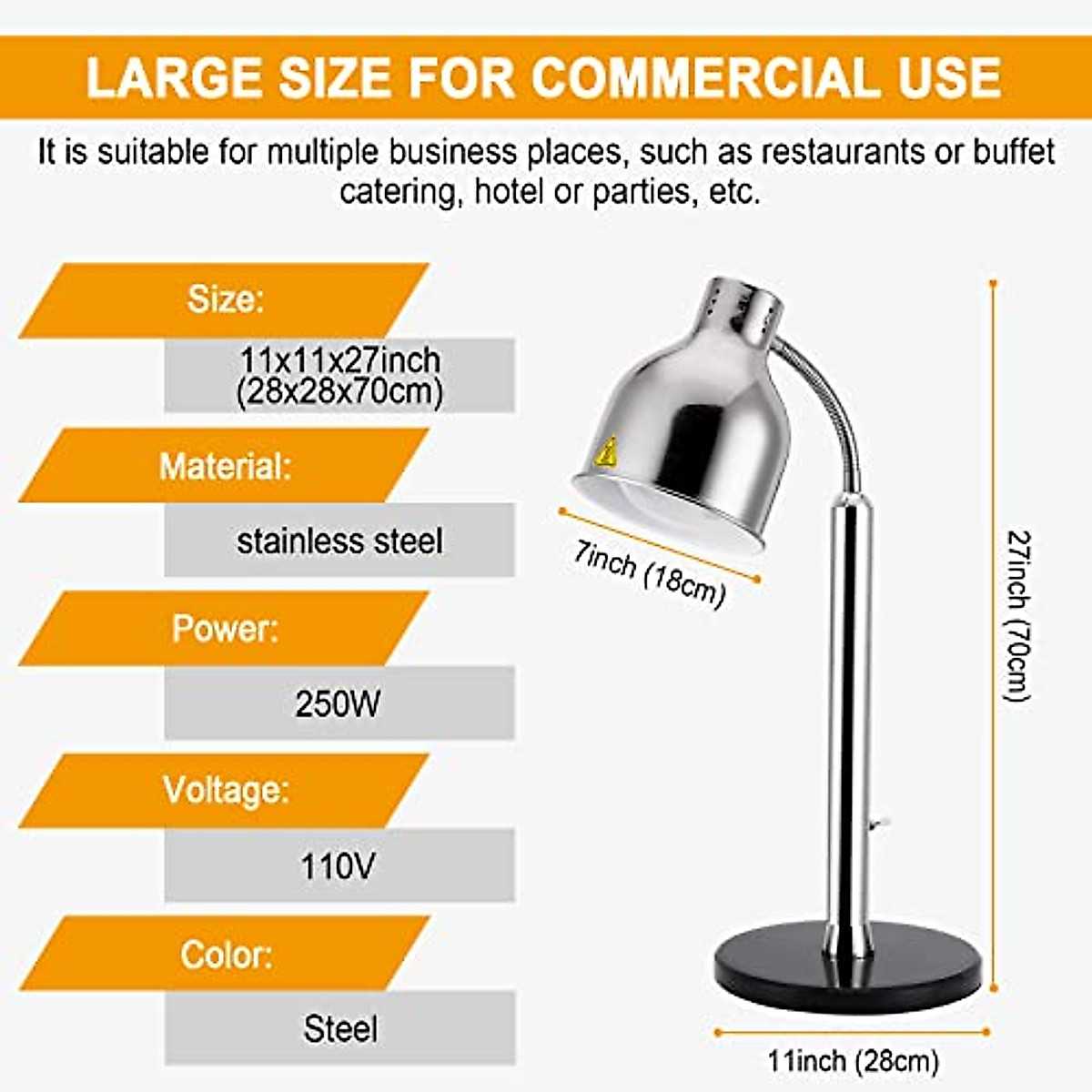 Commercial Food Heat Lamp 360°Adjustable Head With Marble Base Infrared Heating Bulb For Food Heating Warmer Light Lamp For Food Service Heat Lamp