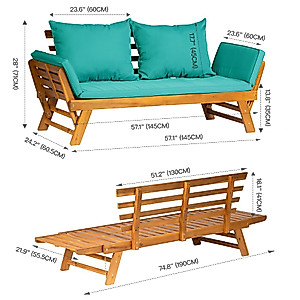 Panana Acacia Wood Convertible Couch Sofa Bed Adjustable Armrest Folding Daybed Collapsible Chaise Lounge w/Cushions Outdoor Loveseat for Garden Patio Poolside Turquoise