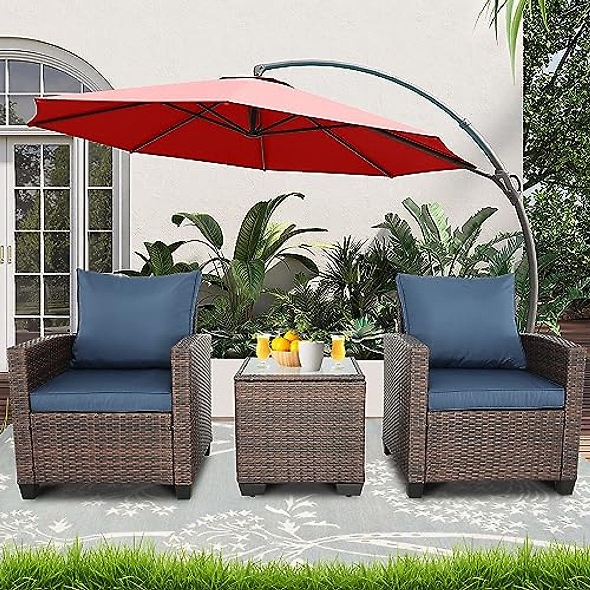 Furnimy 3 Pieces Patio Furniture Set Rattan Outdoor Sectional Conversation Sets 2 Single Chair w/Washable Cushion and Tempered Glass Tabletop for Balcony, Garden, Backyard(Brown+Navy Blue)