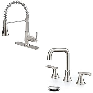 HOIGY Brushed Nickel Pull Down Kitchen Faucet and Bathroom Sink Faucet Set, 3-Function Pull-Out Kitchen Faucets with Deck Plate, 3 Hole Widespread Bathroom Sink Faucet with Pop-up Drain