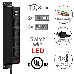 Mountable Power Strip with USB Ports,Wall Mount Power Outlets Screw Down Power Socket in Desk Under Cabinet Power Station 4AC Outlet 2 USB 6.56 Feet Extension Cord, On&Off Switch