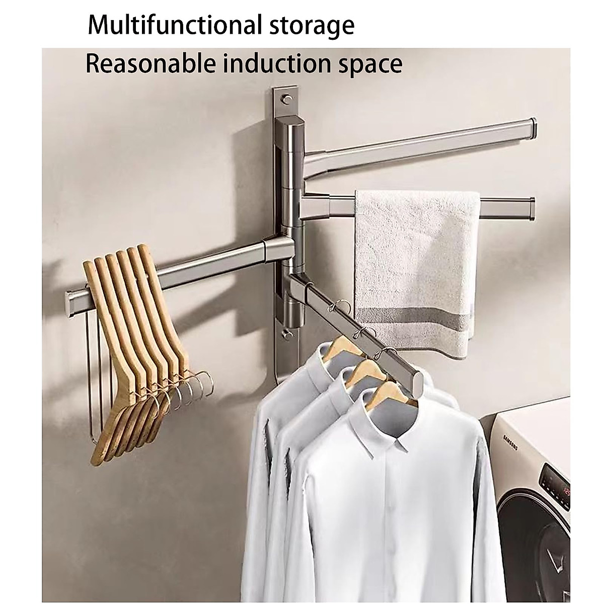 4-pole 180 ° rotatable towel bar, aluminum alloy swing arm Bath Towel Bars bathroom towel rack, swing hook towel rack storage rack, bathroom wall mounted towel storage rack, Silver gray