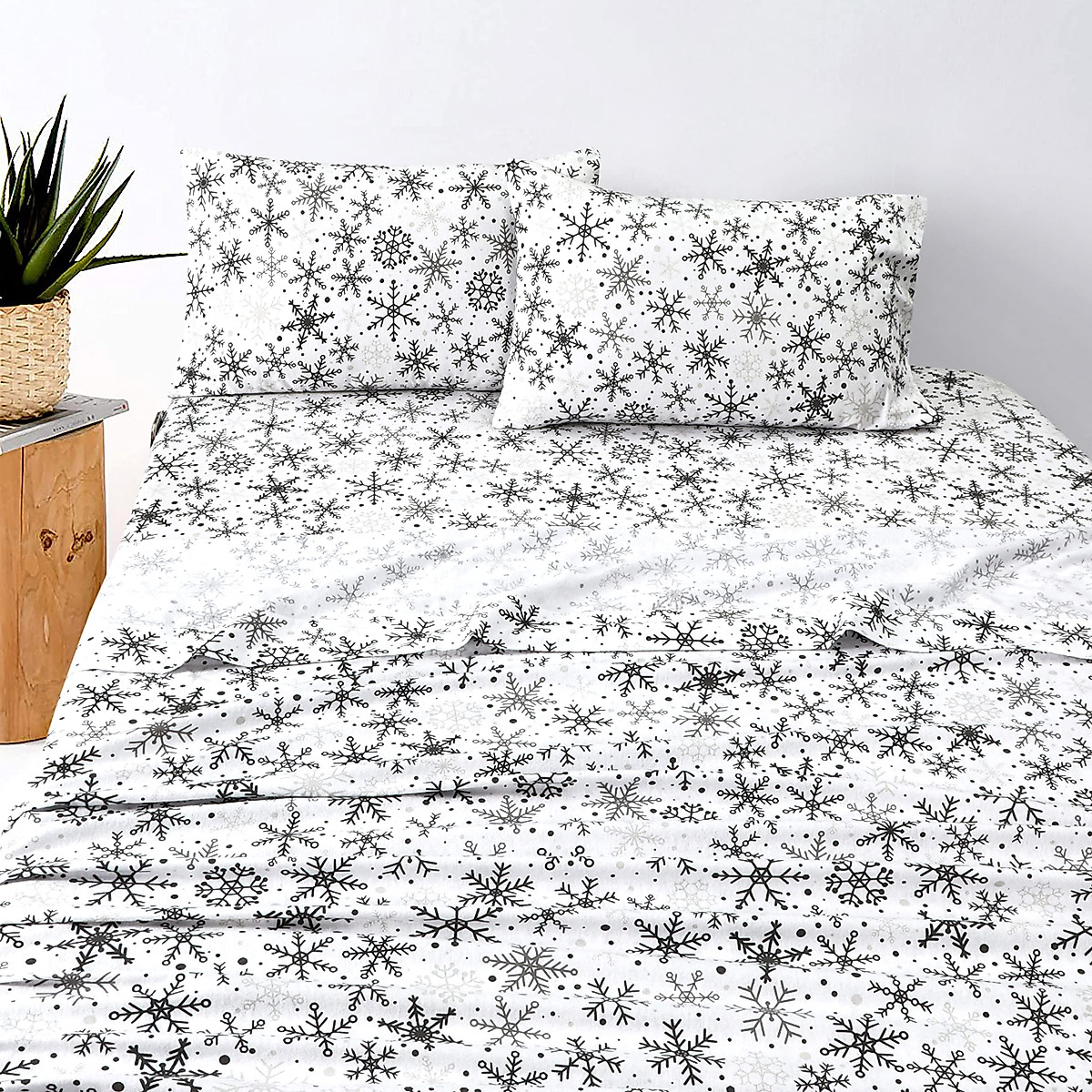 EnvioHome Flannel Sheets Full - 100% Cotton Soft Heavyweight Double Brushed Anti-Pill Flannel Sheets Full Size Bed, 4 Pcs - 16" Deep Pocket Full Size Bed Sheets X2 Side Pockets (Full, Grey Snowflakes)