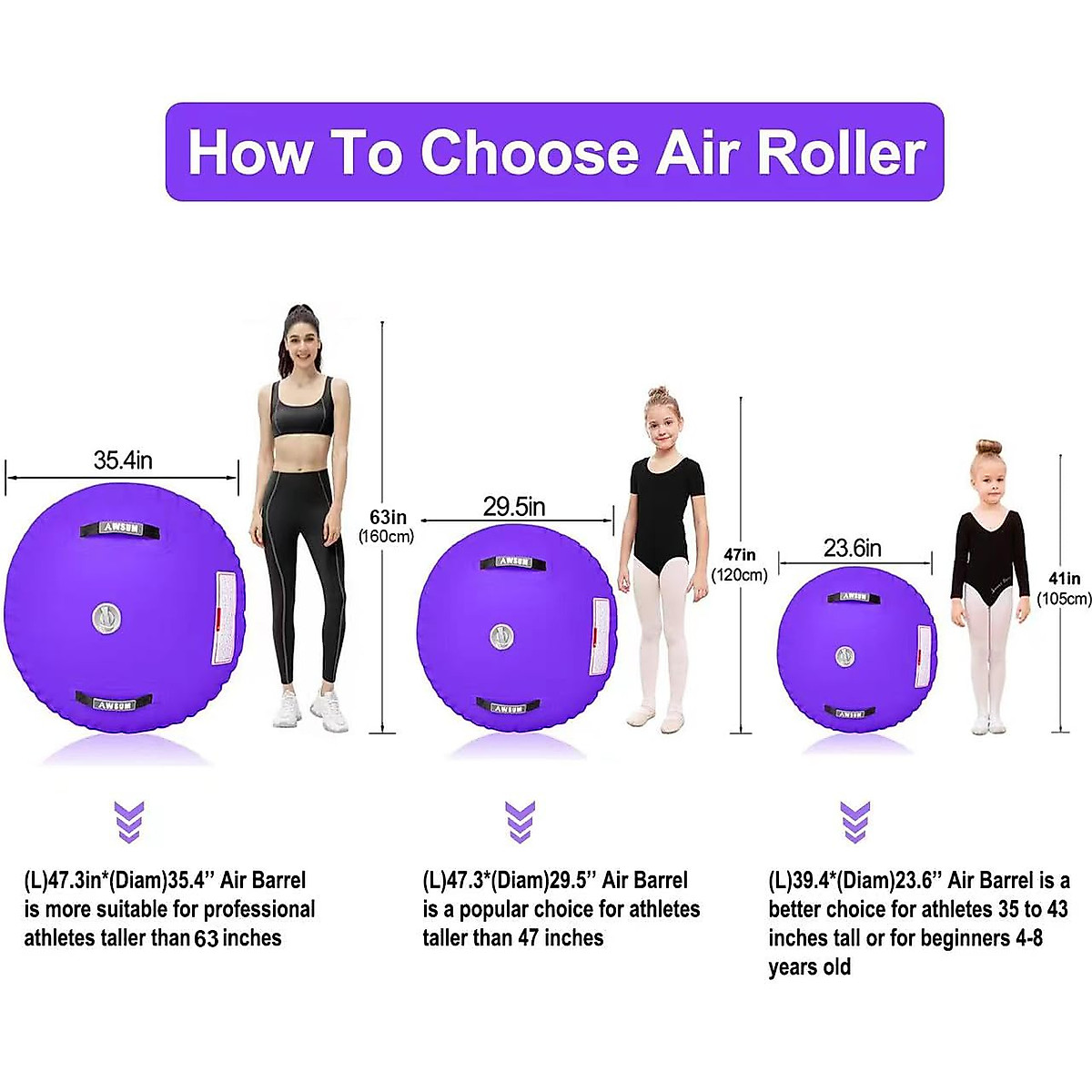 AWSUM 4ft L x 3ft Diam Gymnastics Air Roller Tumbling Mat Barrel Backbend Trainer for Gym Inflatable equipment with Electric Pump