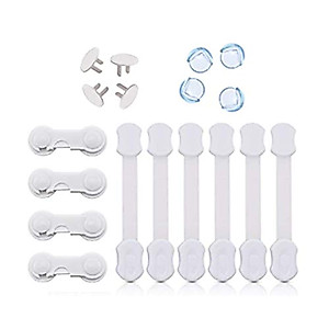 18 Pieces Baby Safety Proofing Kit- 6 Strong, Sturdy Adjustable Latches (Bonus Extra 6x3M Adhesives) + 4 Cabinet Locks+ 4 Corner Protectors and 4 Electrical Socket Plugs- No Tools Needed! (White, 18)