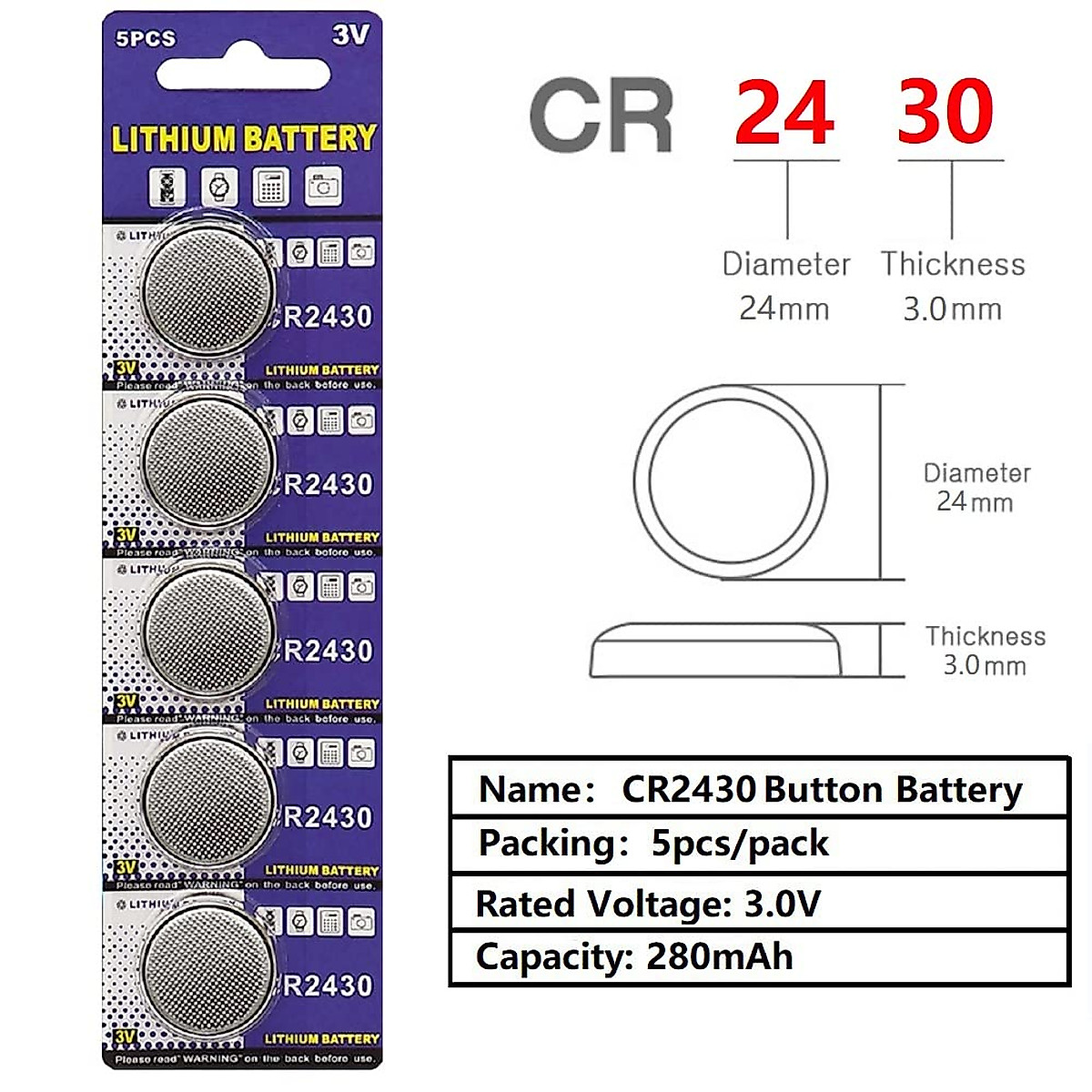 Cotchear 5Pcs CR2430 Button Battery 3V Electronic Lithium Coin Cell Batteries DL2430 BR2430 ECR2430 KL2430 EE6229 for Watch Toy Clocks