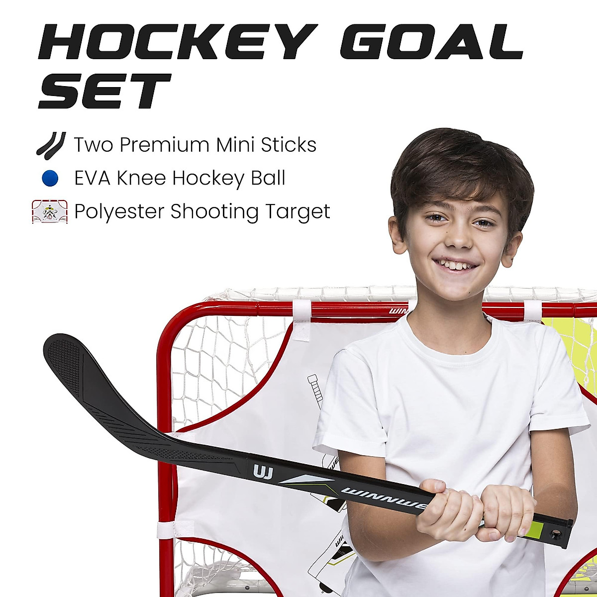 Winnwell Mini Hockey Goal Set - Indoor Hockey Training Equipment - Includes 2 Mini Sticks, 1 Ball, 1 Net Goal & Shooting Target