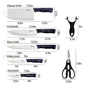 FTNESGYM Knife Set, 9-Piece Kitchen Knife Set with Block, Sharp Stainless Steel Chef Knife Set, Professional Cooking Knife Set with Foldable Cutting Board, Knives with Ergonomic Handle (Purple)