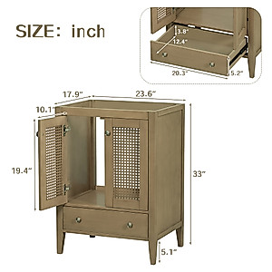 PULLAFUN 24" Bathroom Vanity Without Sink, Base Only, Rattan Cabinet with Doors and Drawer, Solid Frame and MDF Board, Natural