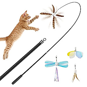 uahpet Natural Feather Cat Toys for Indoor Cats Retractable Cat Wand 60inch Safe Hunting Distance Interactive Toys for Kittens with 4Pcs Different Senses Replacement Teasers Arouse Cat Desire to Hunt