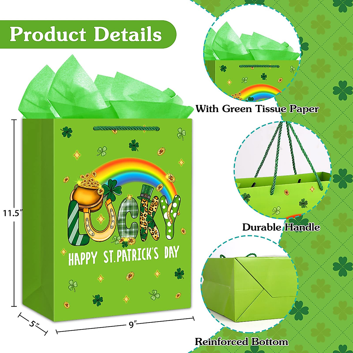WhatSign St.Patricks Day Gift Bags with Handle 11.5" Happy St.Patrick's Day Gift Bags Shamrock Lucky Paper Gifts Bags with Tissue Paper Irish Clover Gift Wrap Bags St Patricks Day Party Favor Supplies